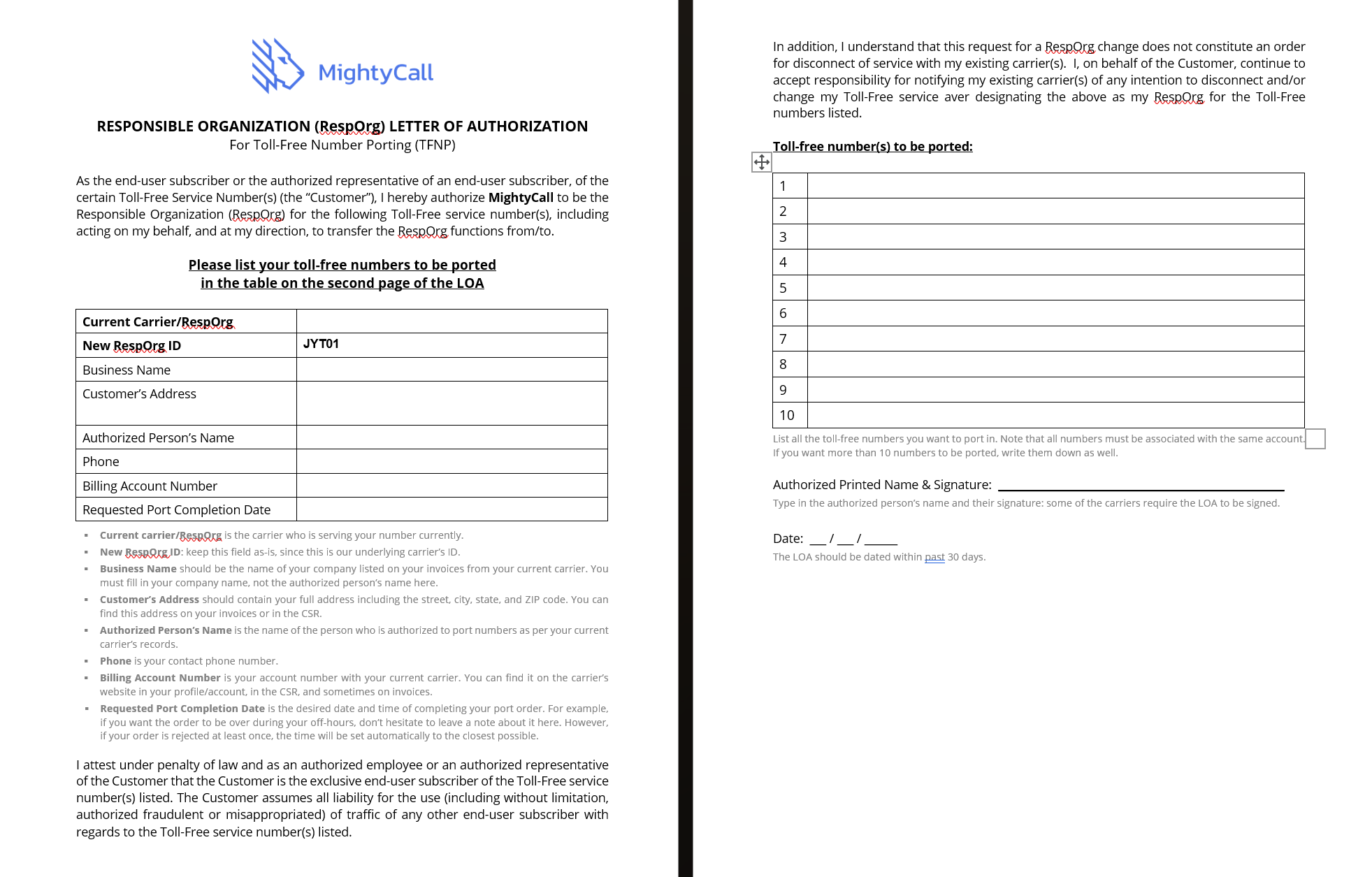 Porting Numbers to MightyCall